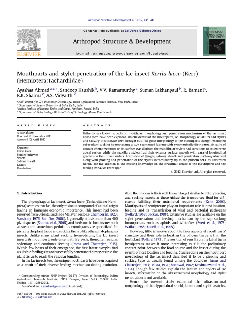 Mouthparts and Stylet Penetration of The Lac Insect Kerria Lacca ...