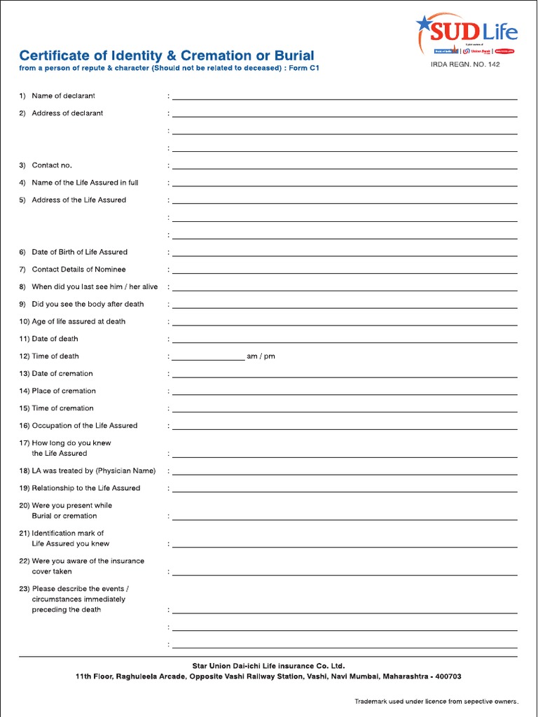 Certificate of Identity and Cremation or Burial - From C1 PDF | PDF ...