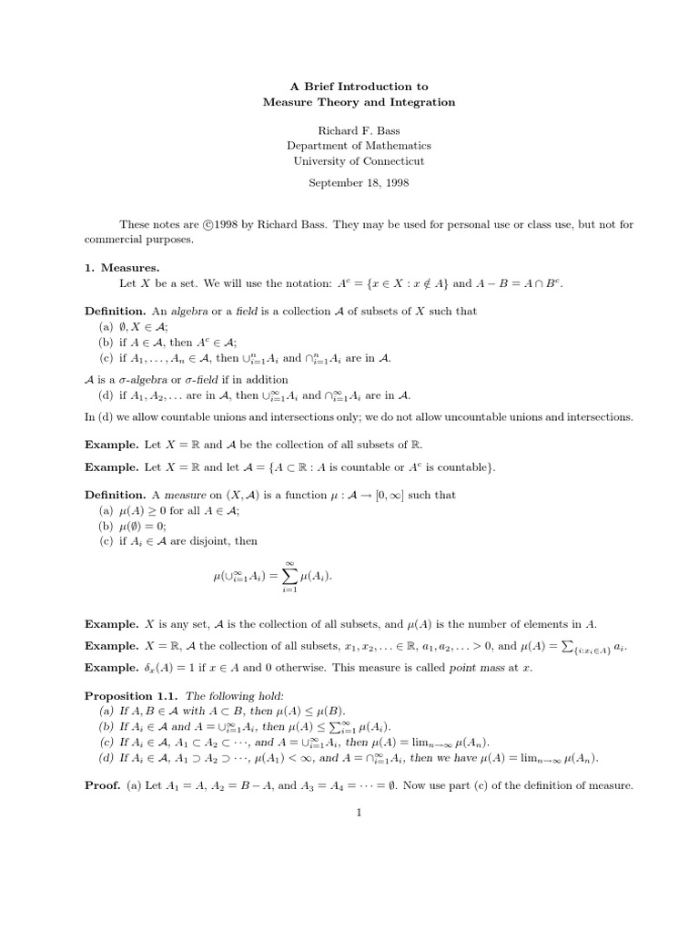 A Brief Introduction To Measure Theory and Integration. Bass, Richard F ...