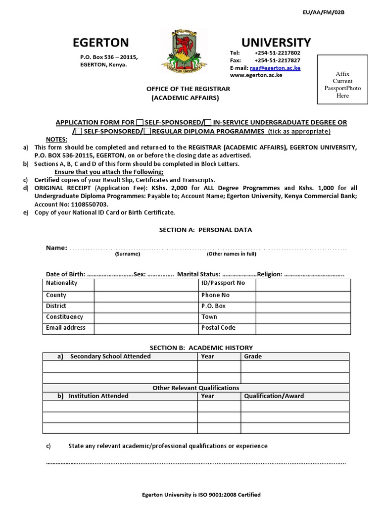 Egerton University Admission Application Form | PDF | Identity Document ...