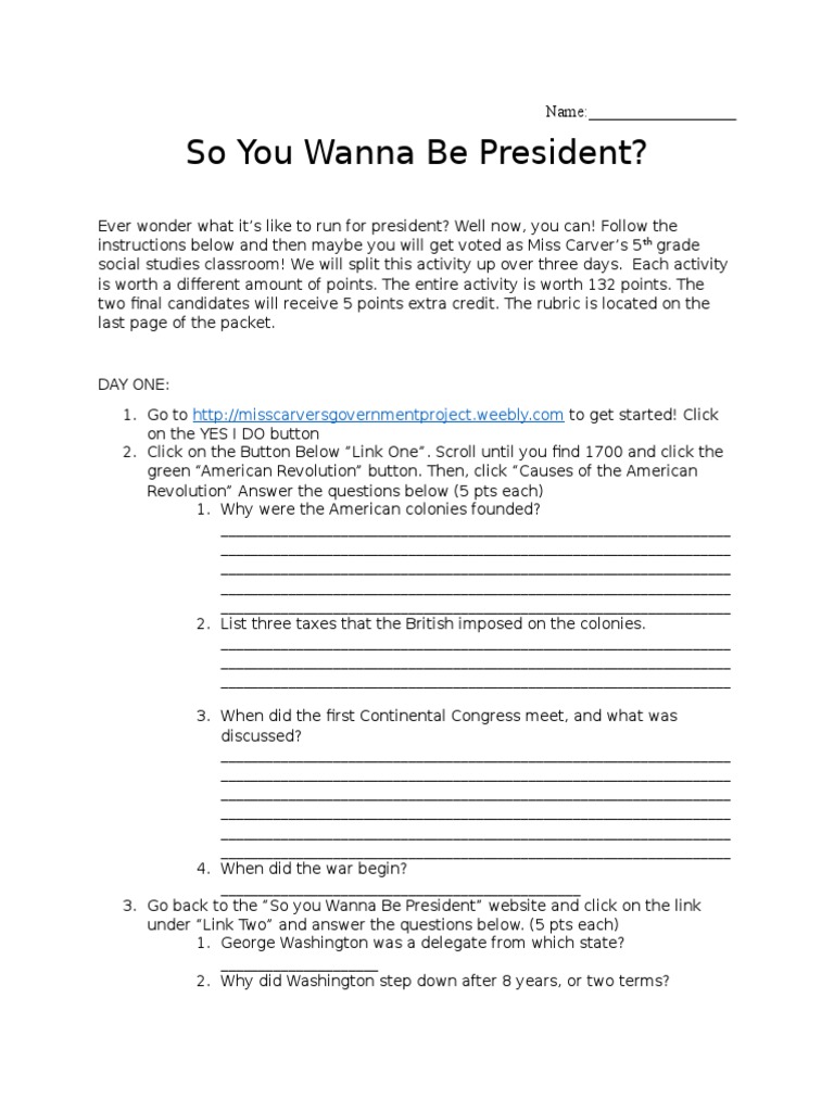 So You Wanna Be President?: Name | PDF | Primary Election | Political ...