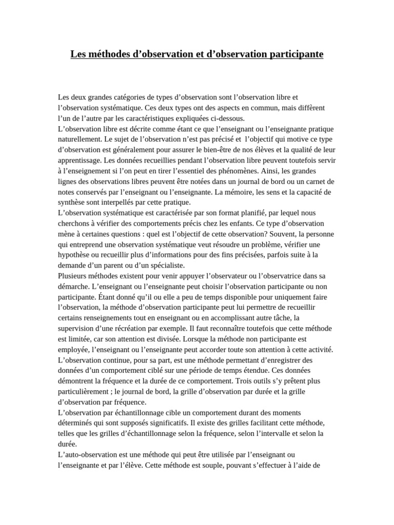 Les Méthodes D'observation Et D'observation Participante | PDF ...