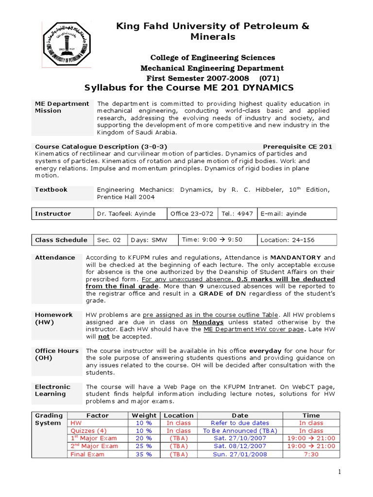 1-Syllabus ME 201-Syllabus | PDF | Physics | Mechanics