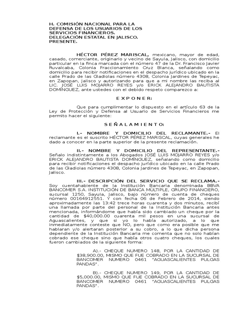 Reclamacion Ante Condusef Sayula | PDF | Cheque | Bancos