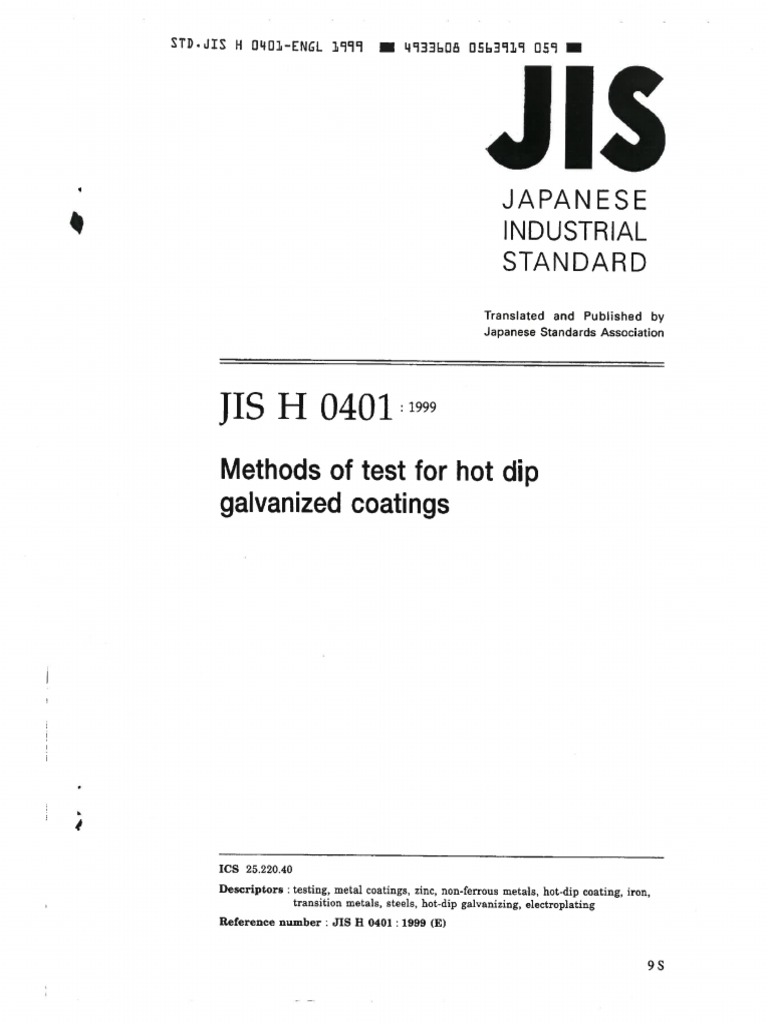 JIS H 0401 - 1999 - (Methods of Test For Hot Dip Galvanized Coatings) | PDF