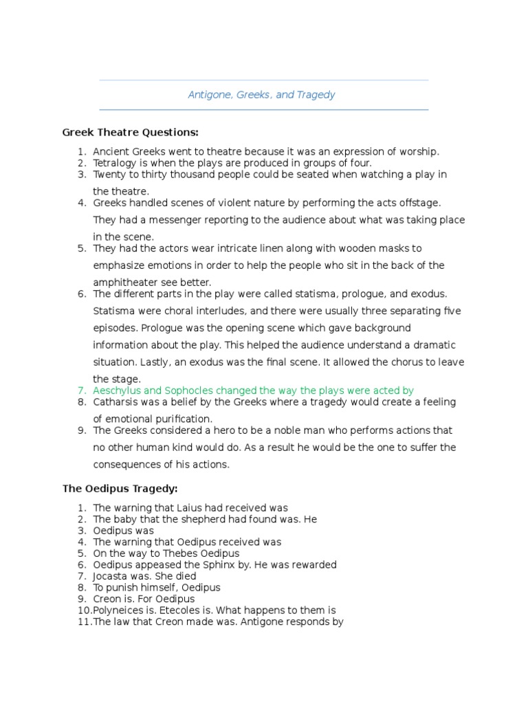 Greek Theatre Questions:: Antigone, Greeks, and Tragedy | PDF