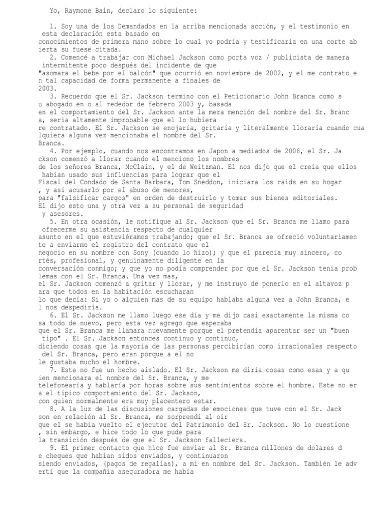 Testimonio de Raymone Bain, Ex Publicista de Michael Jackson. | PDF