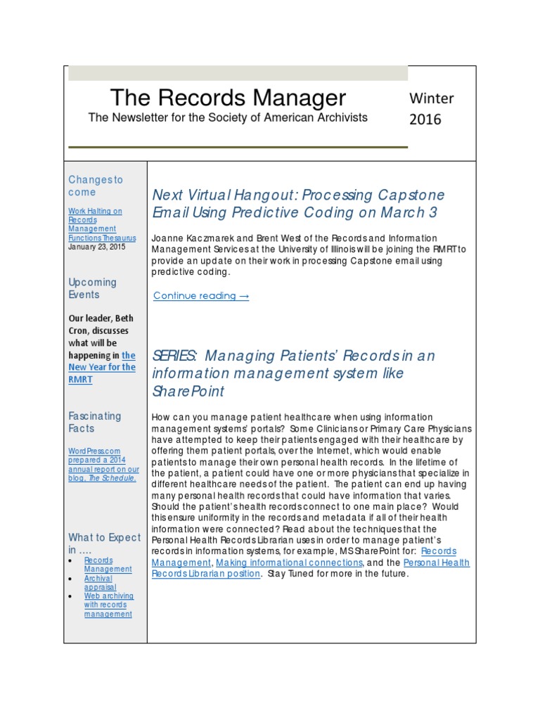 Records Management Updates 2016 | PDF | Archivist | Patient