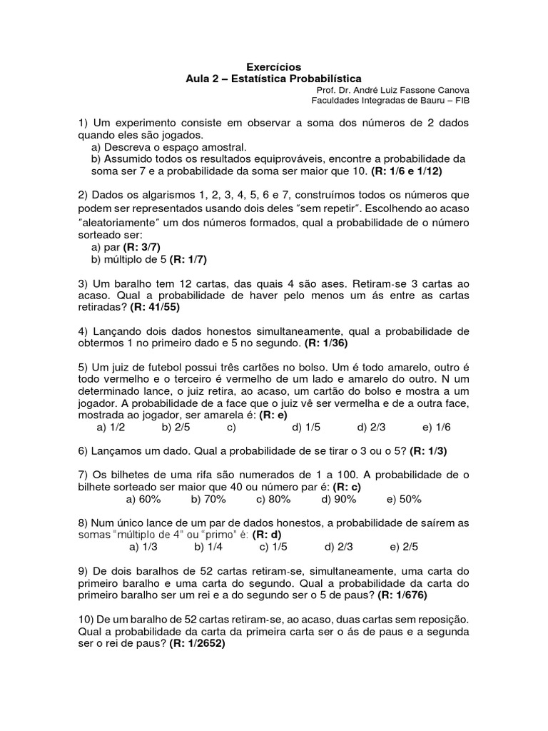 Aula02 Exercicios | PDF | Cartas de baralho | Probabilidade