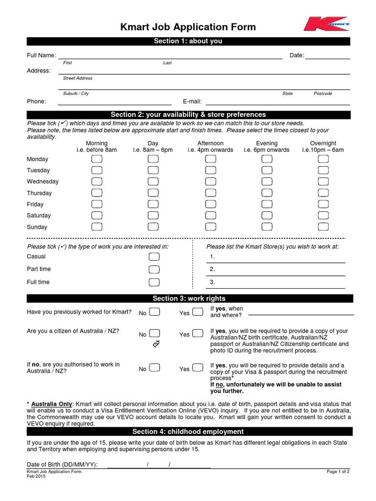 Kmart Job Applicationform | PDF | Kmart | Employment