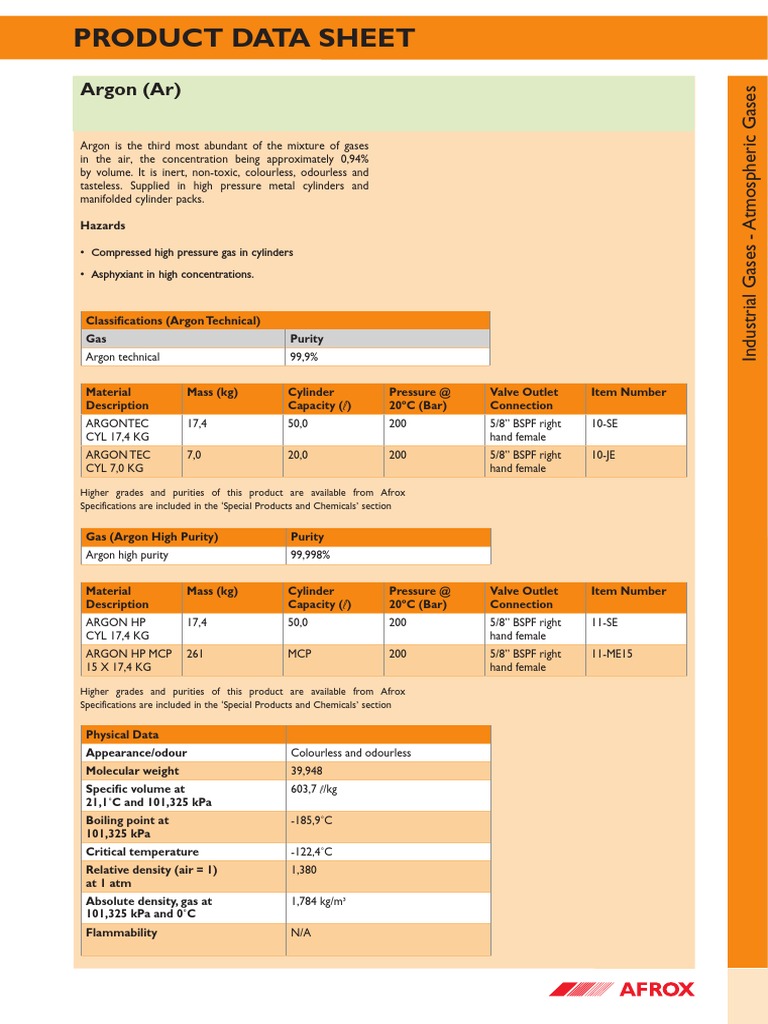 Product Data Sheet: Argon (Ar) | PDF | Argon | Gases