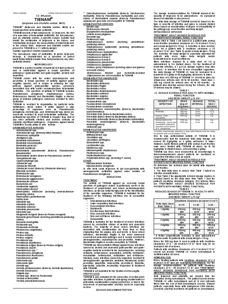 Tienam Leaflet Eng-102!12!03 | PDF | Renal Function | Antibiotics