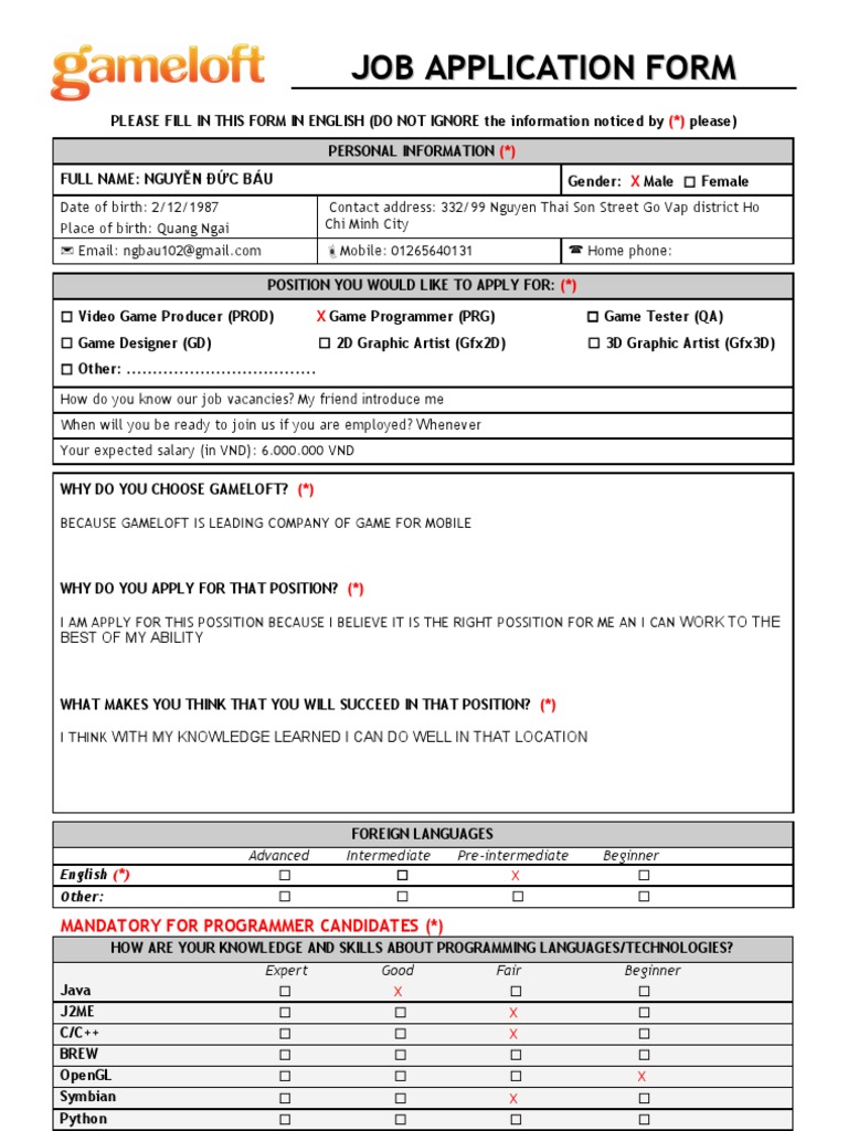 Gameloft Job Application Form | PDF | Mobile Game | Software