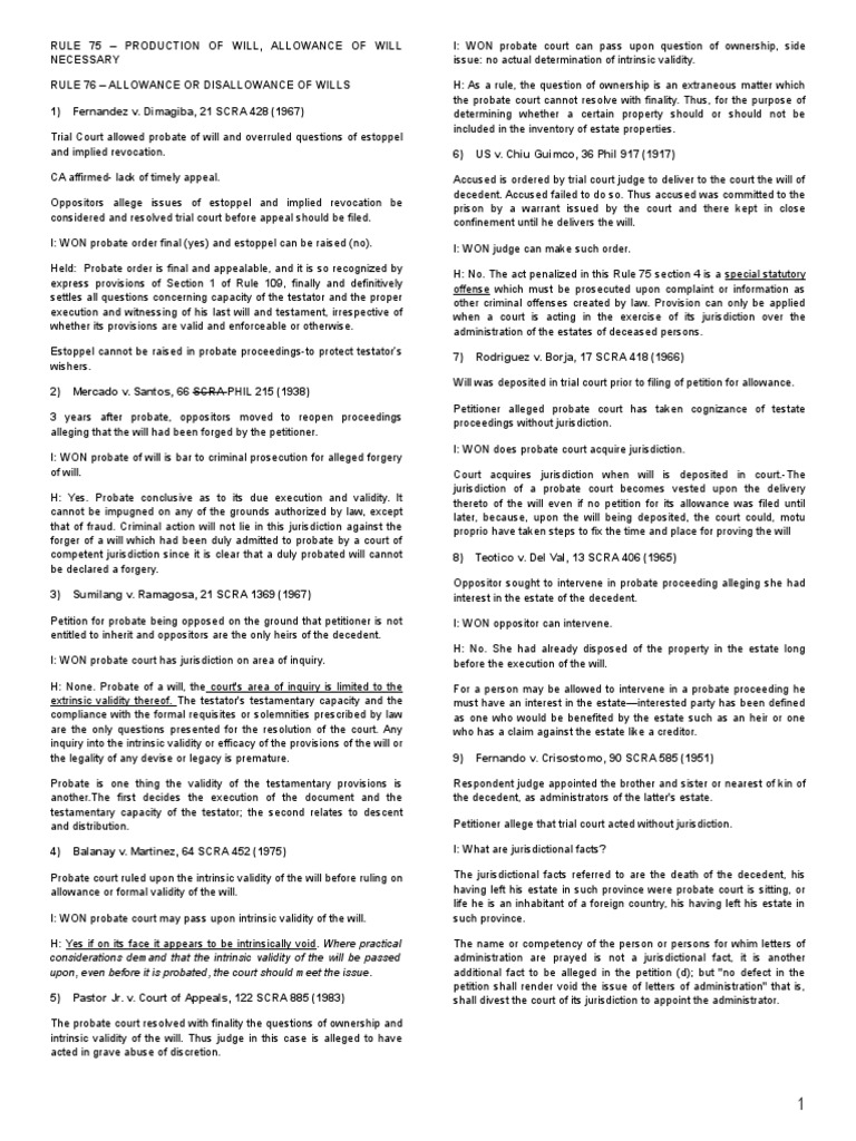 RULE 75 To 77 Digest | PDF | Will And Testament | Probate