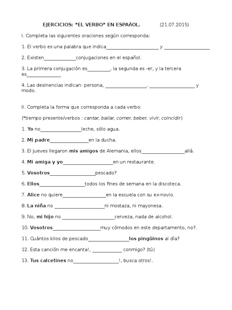 Ejercicios de Verbos en Español | PDF | Artes del Lenguaje y ...