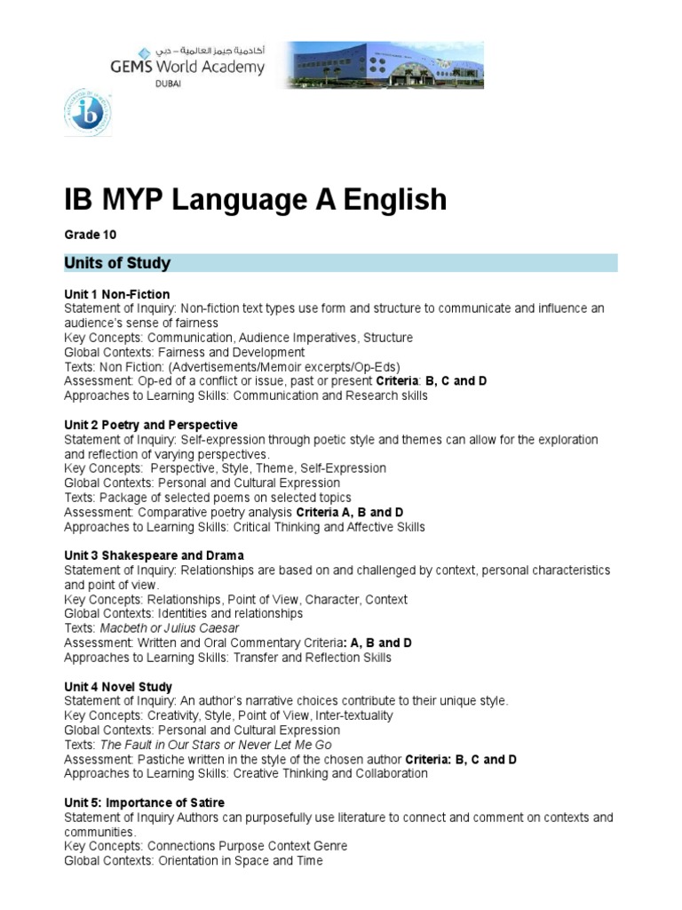 2015 IB MYP Language and Literature Syllabus Grade 10 | PDF ...