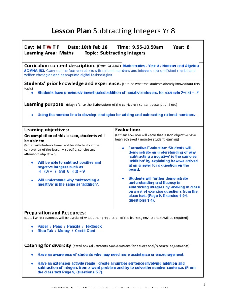 Lesson Plan Subtracting Integers | PDF | Lesson Plan | Integer