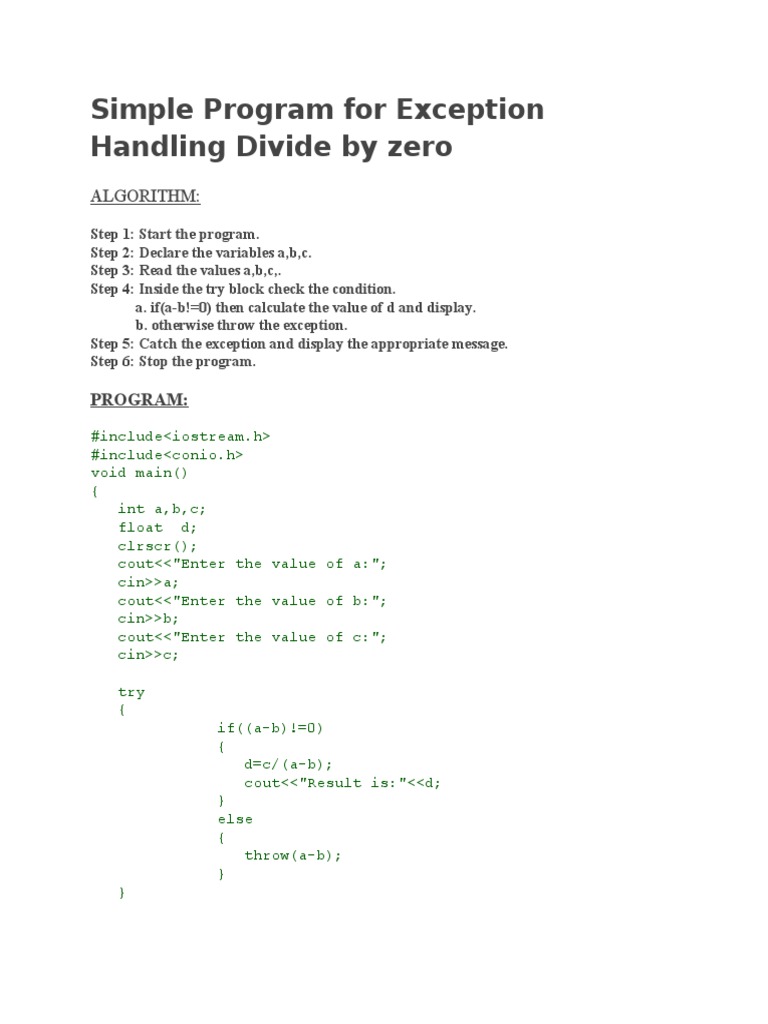 Simple Program For Exception Handling Divide by Zero: Algorithm | PDF ... Simple Program For Exception Handling Divide by Zero: Algorithm | PDF ...