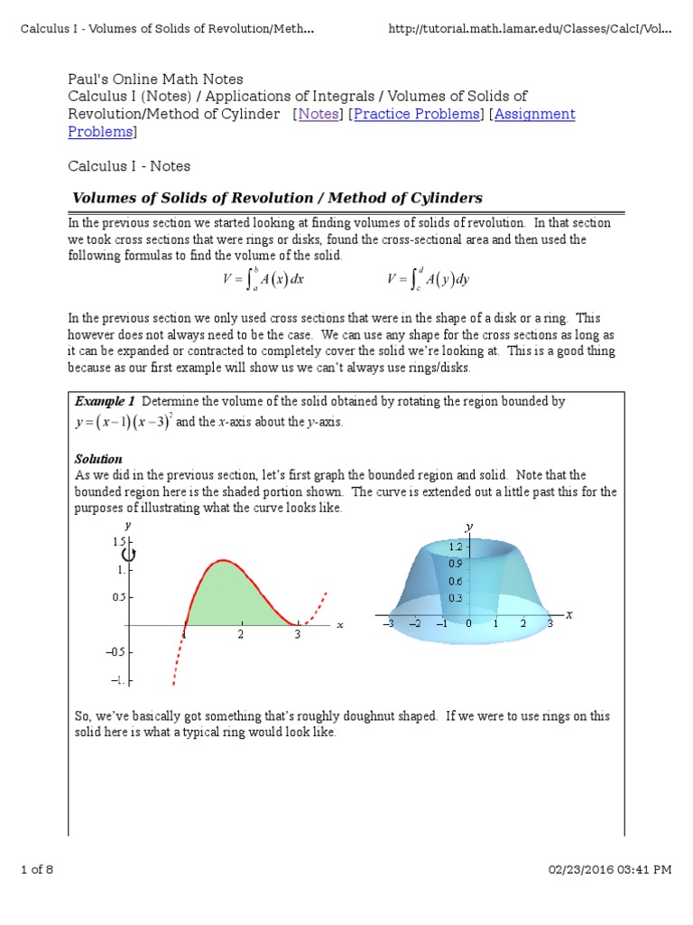 Practice Problems Assignment Problems: Volumes of Solids of Revolution ...