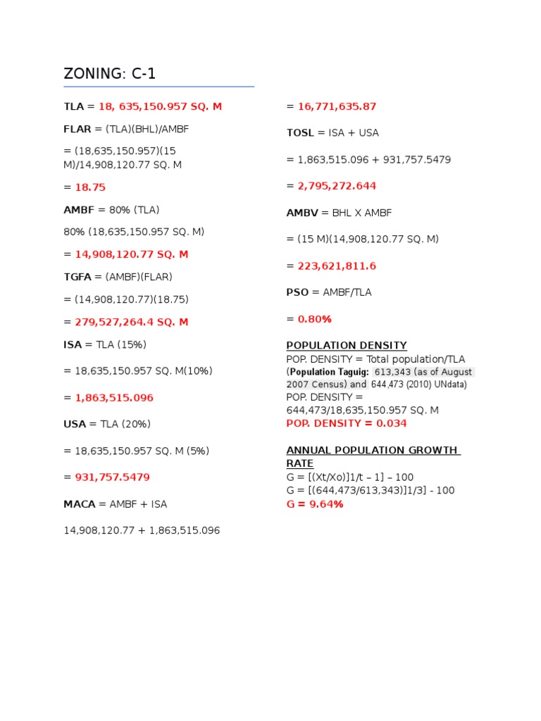Zoning: C-1: Tla = Flar = (Tla)(Bhl)/Ambf Tosl = Isa + Usa