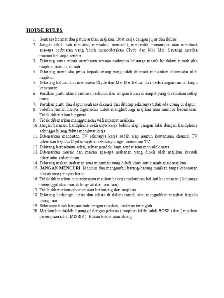 House Rules For Maid | PDF