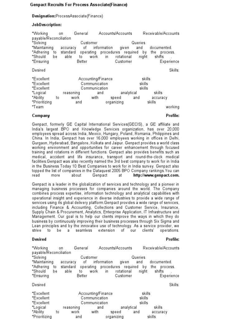 Genpact Recruits For Process Associate | PDF | Business Process ...