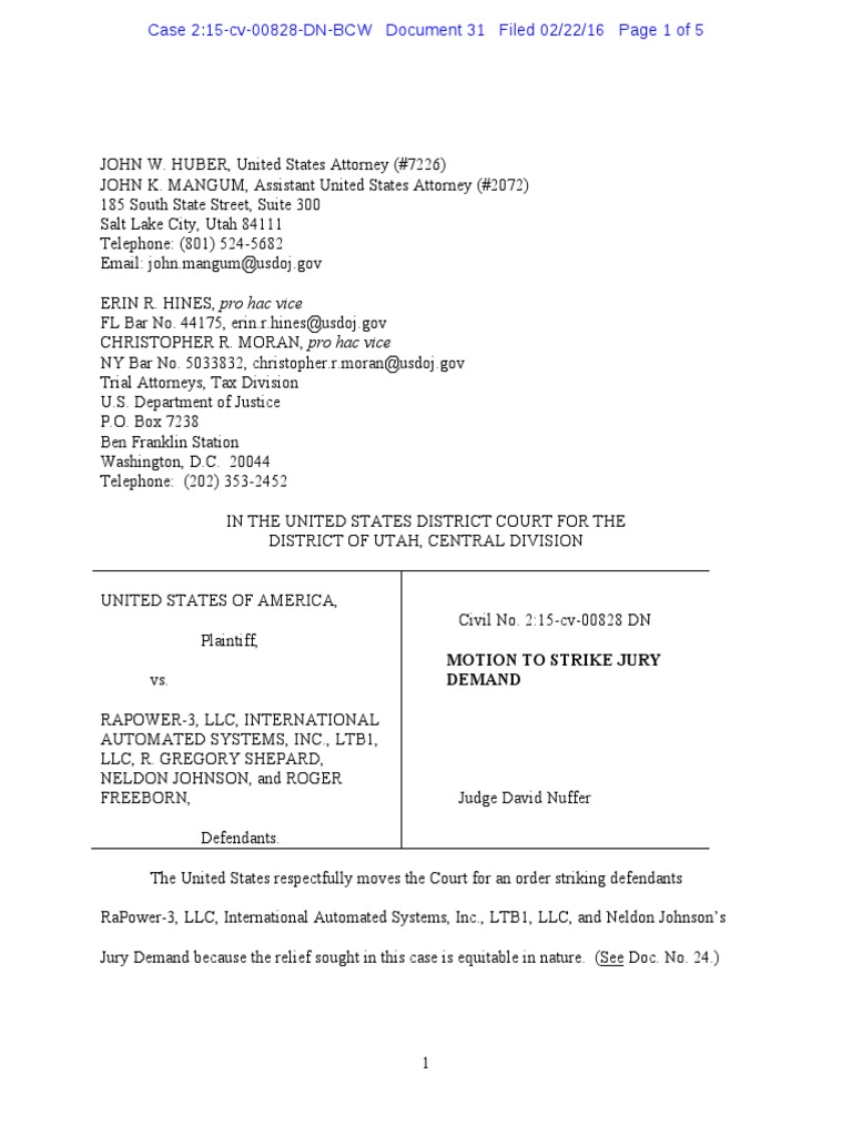 Civil No. 2:15-cv-00828 DN Motion To Strike Jury | PDF | Injunction ...
