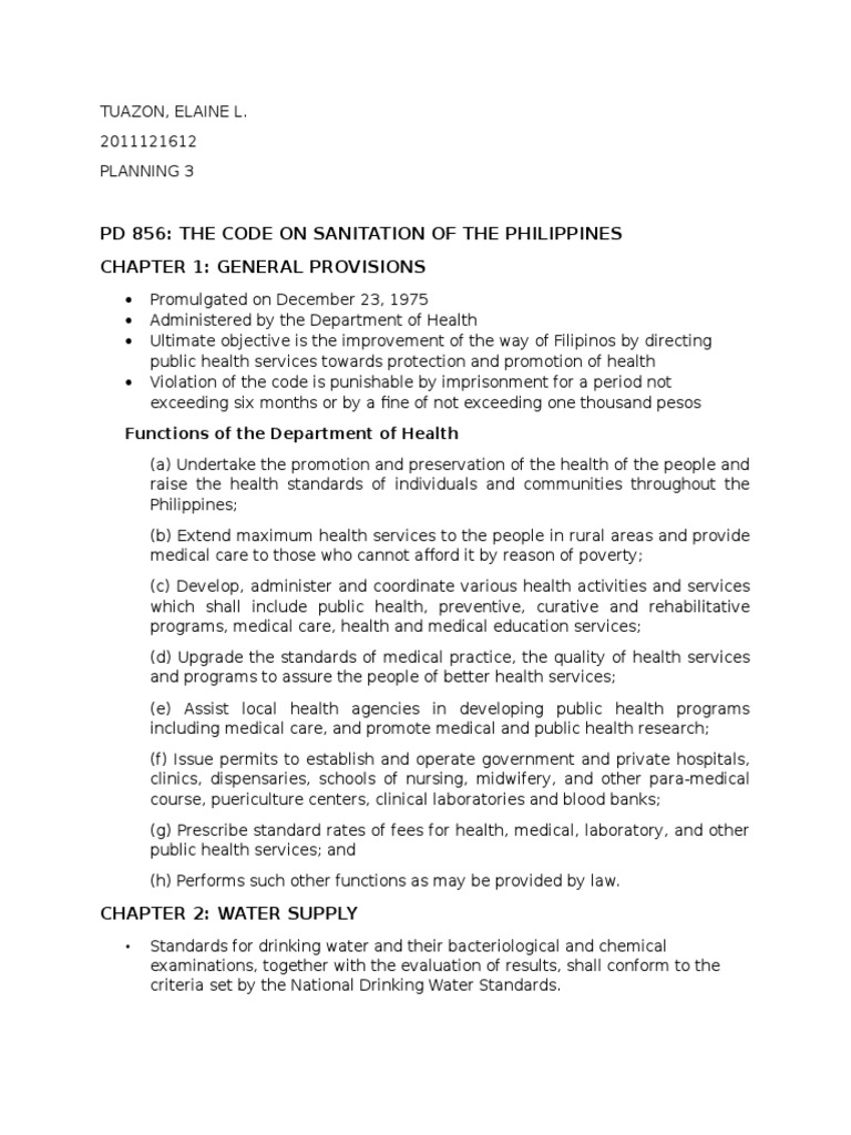 PD 856: The Code On Sanitation of The Philippines Chapter 1: General ...