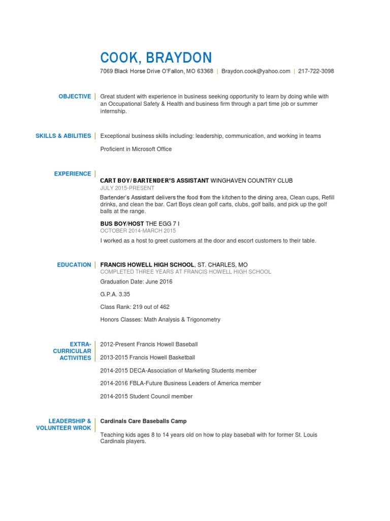 Braydon Cook's Business Internship Resume | PDF