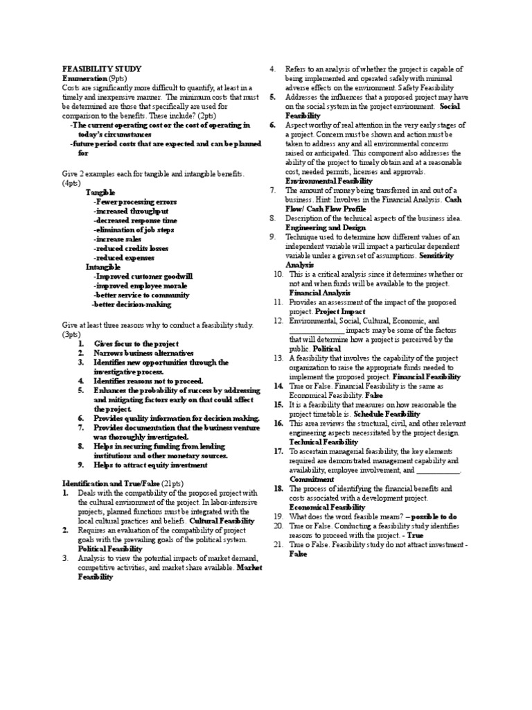 Feasibility Study Questions | PDF | Feasibility Study | Economies