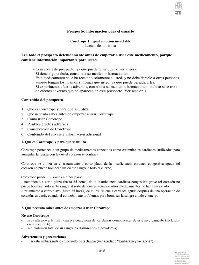 Uso y precauciones de Corotrope (milrinona) | PDF | Arritmia cardiaca ...