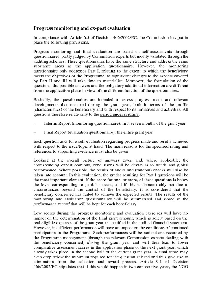 Progress Monitoring and Ex-Post Evaluation: Performance Record That ...