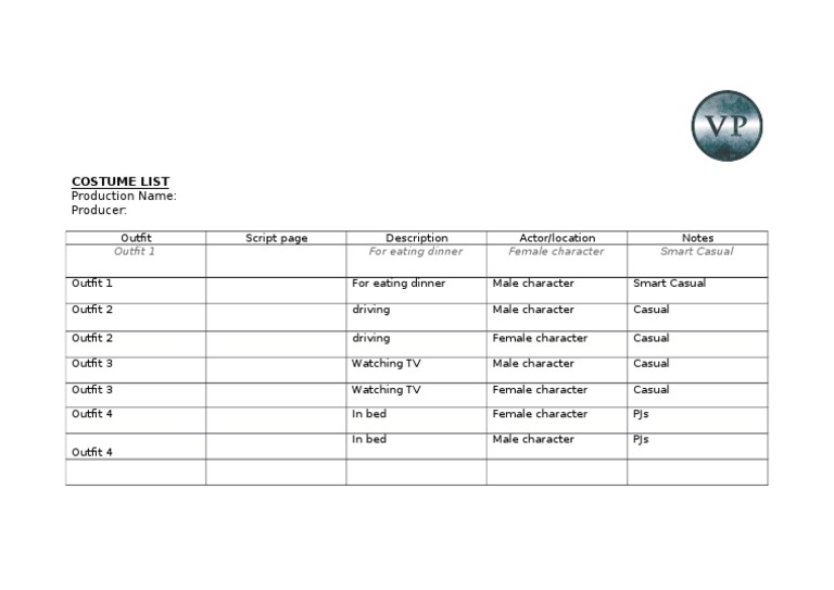 Costume List for Production Team | PDF