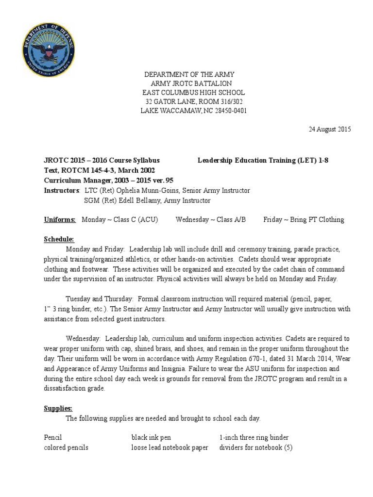 JROTC COURSE SYLLABUS 2015 - 2016 as of 02232016.docx | Test ...