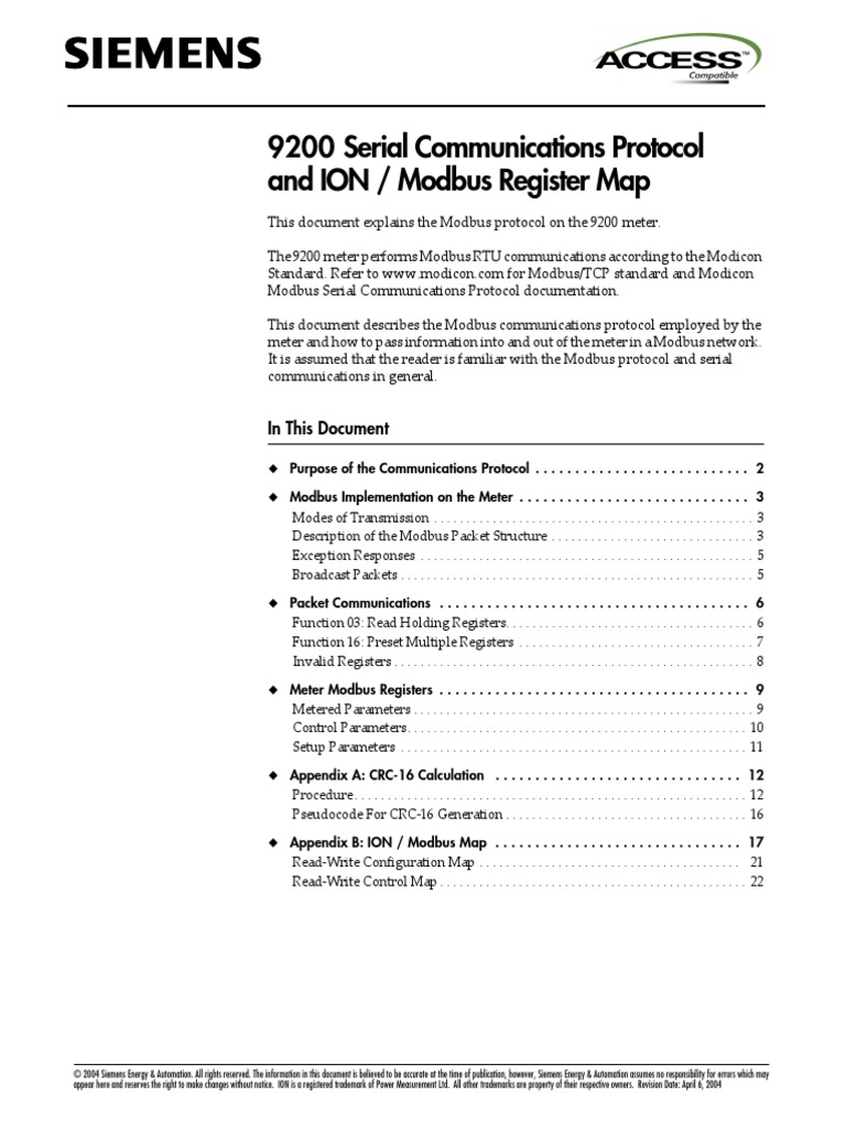 9200 Serial Communications Protocol and ION / Modbus Register Map | PDF ...