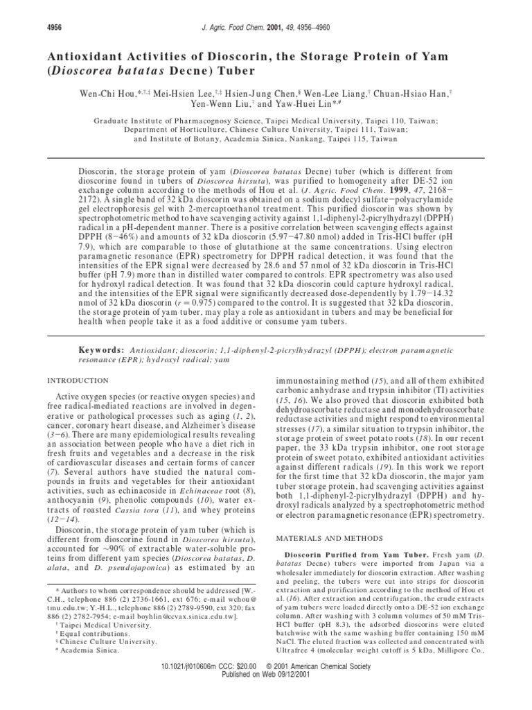 Antioxidant Activities of Dioscorin, The Storage Protein of Yam (Dioscorea Batatas Decne) Tuber ...