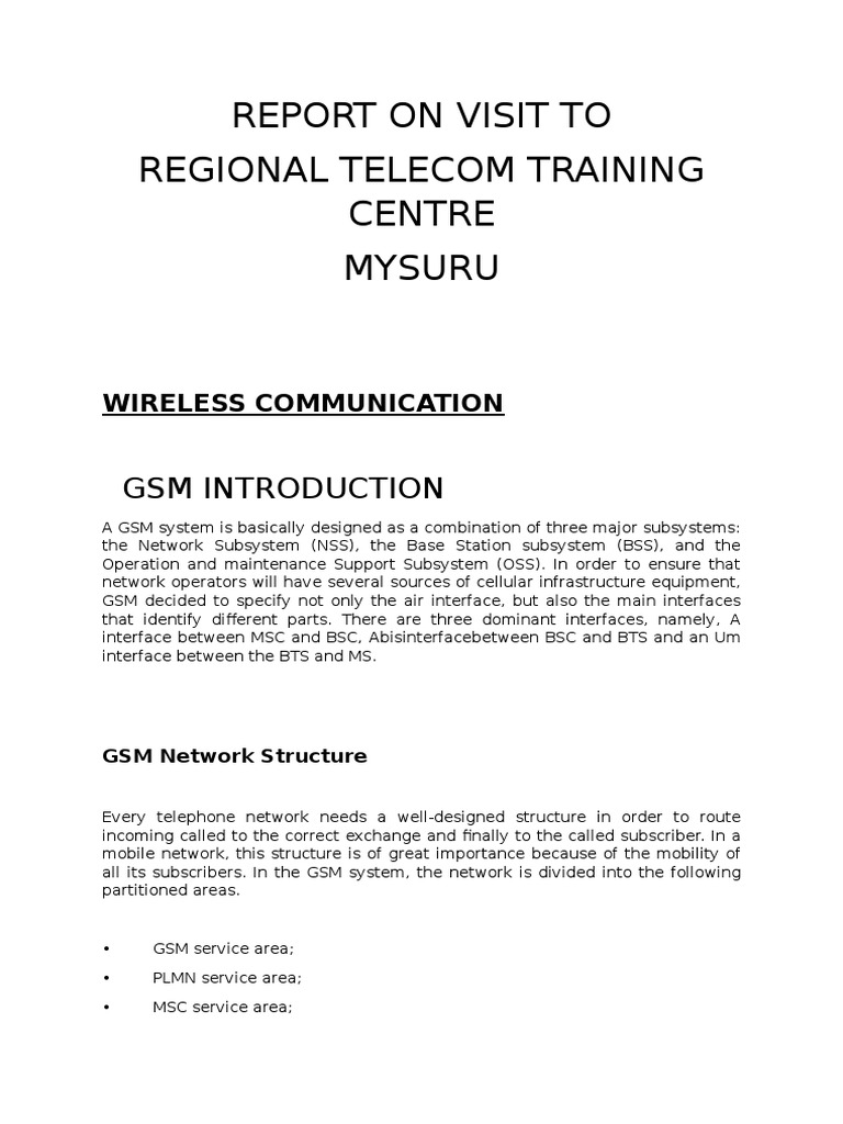 Report On Visit To Regional Telecom Training Centre Mysuru: GSM ...