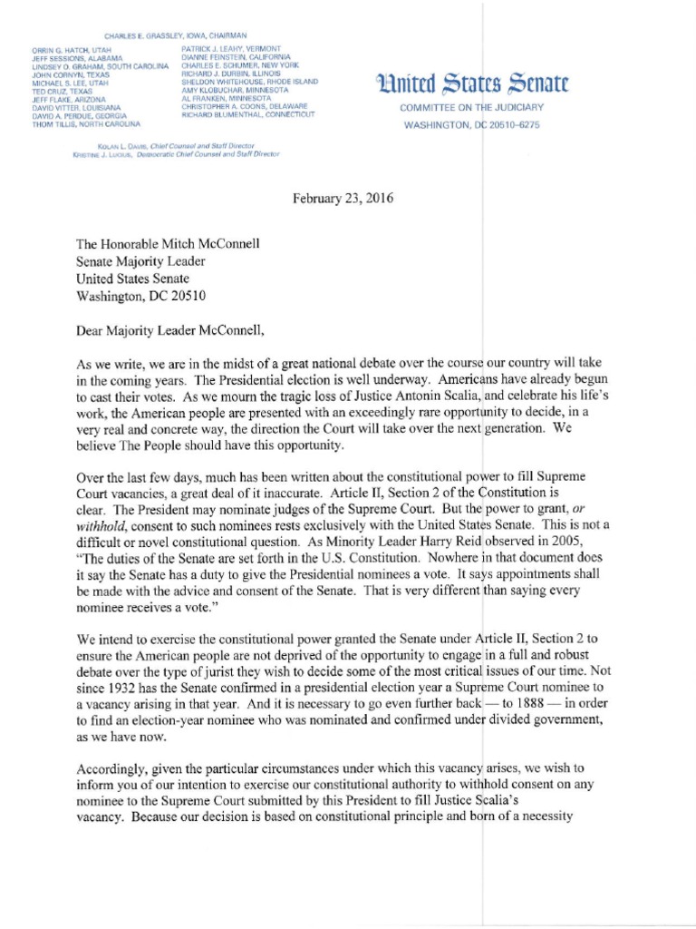 GOP Senate Judiciary Comm Members Letter - No Hearing On Obama Nominee ...