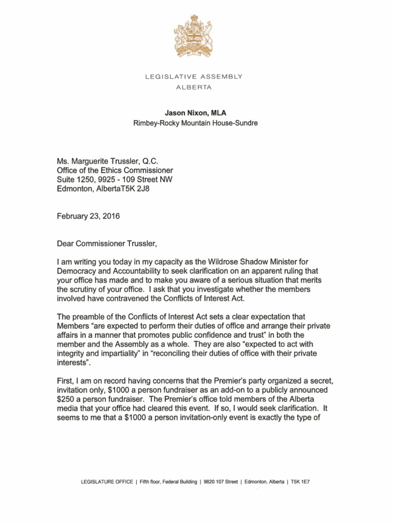 Ethics Commissioner Letter From Nixon | PDF | Alberta | Fundraising