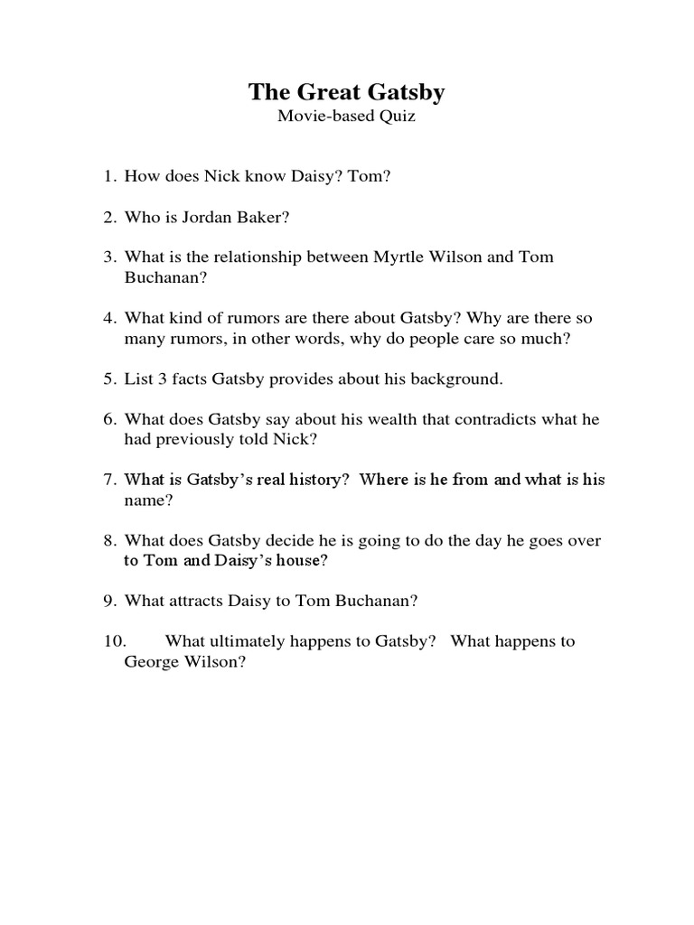 Great Gatsby Movie Quiz Questions | PDF | Politics