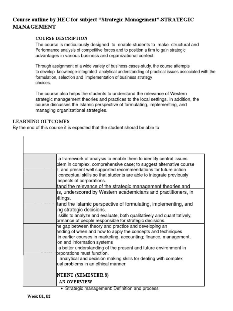 Course Outline For Strategic Management by HEC | PDF | Strategic ...