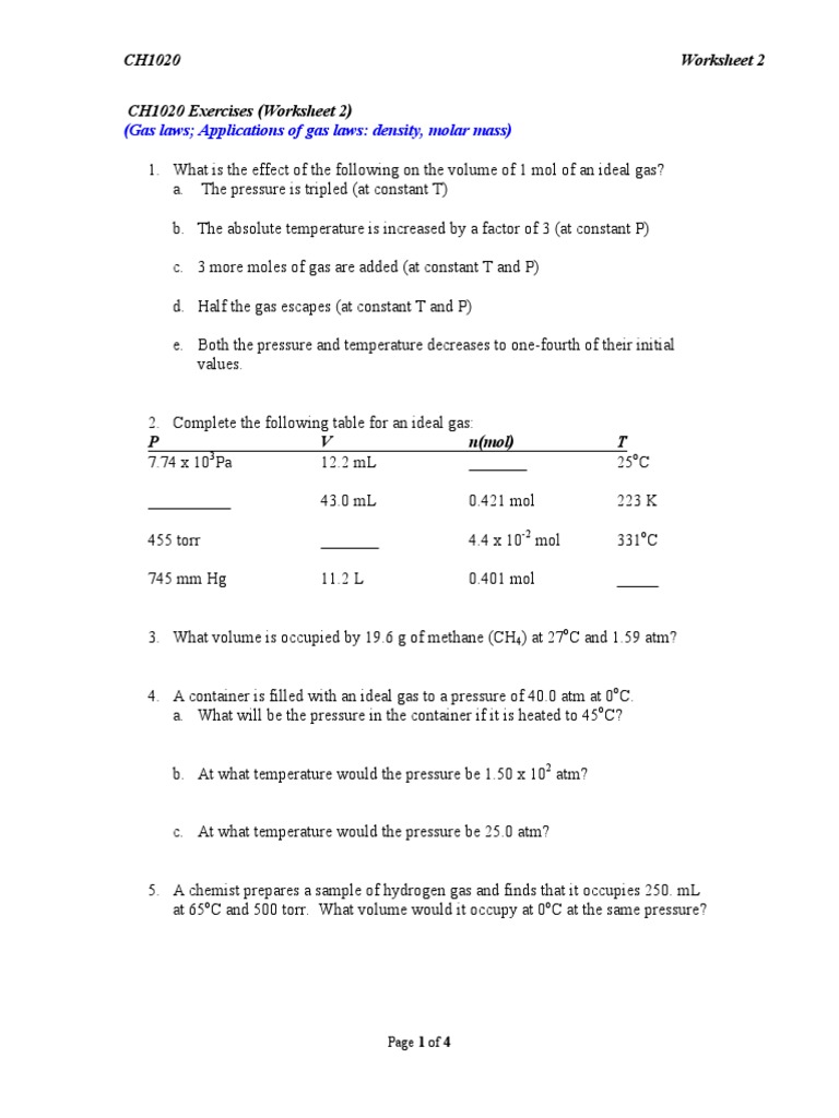 Worksheet - 2 (Gas Laws, Density, Molar Mass) | PDF | Gases | Mole (Unit)
