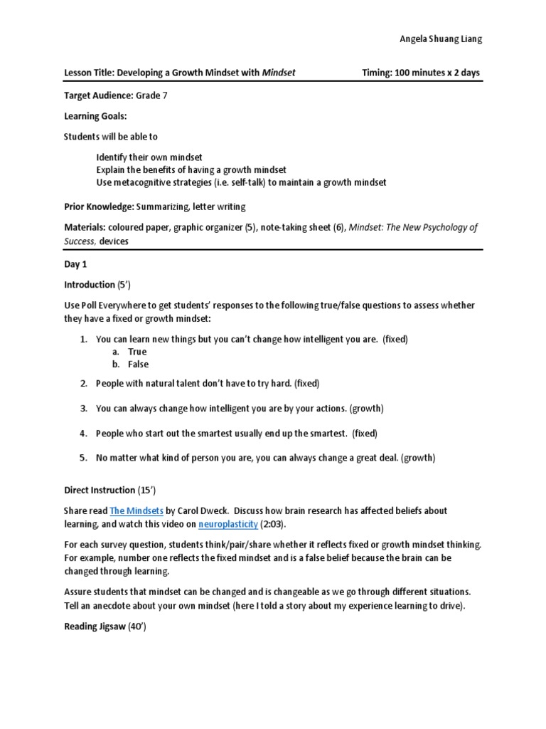 Lesson Plan: Developing A Growth Mindset | PDF | Mindset | Lesson Plan