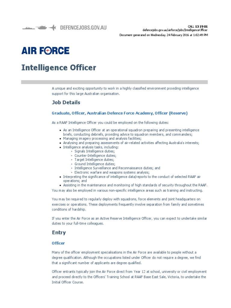 Intelligence Officer | PDF | Australian Defence Force | Security Clearance