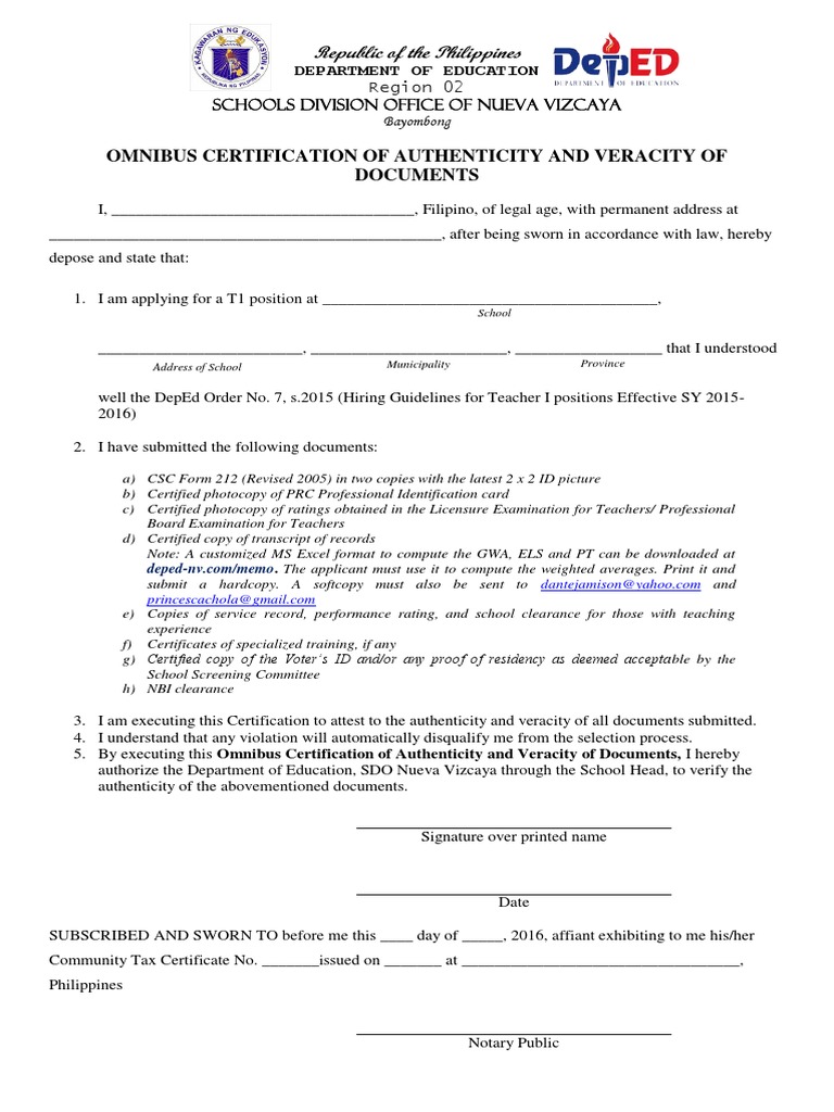 Omnibus Certification for DepEd Applicants | PDF