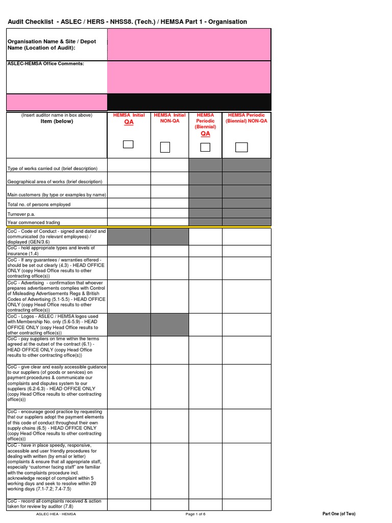 Audit Checklist Master-HEMSA - June2010 | PDF | Calibration | Iso 9000