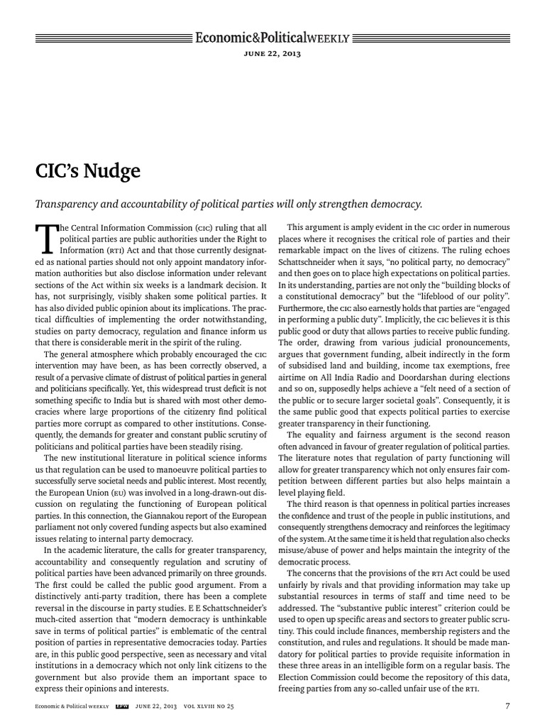 CIC's Nudge: Transparency and Accountability of Political Parties Will Only Strengthen Democracy ...