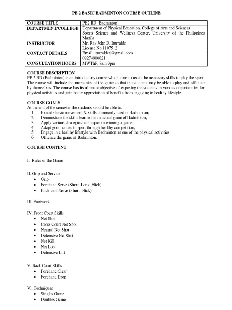 PE2 Badminton Course Outline Manila | PDF | Physical Education | Sports
