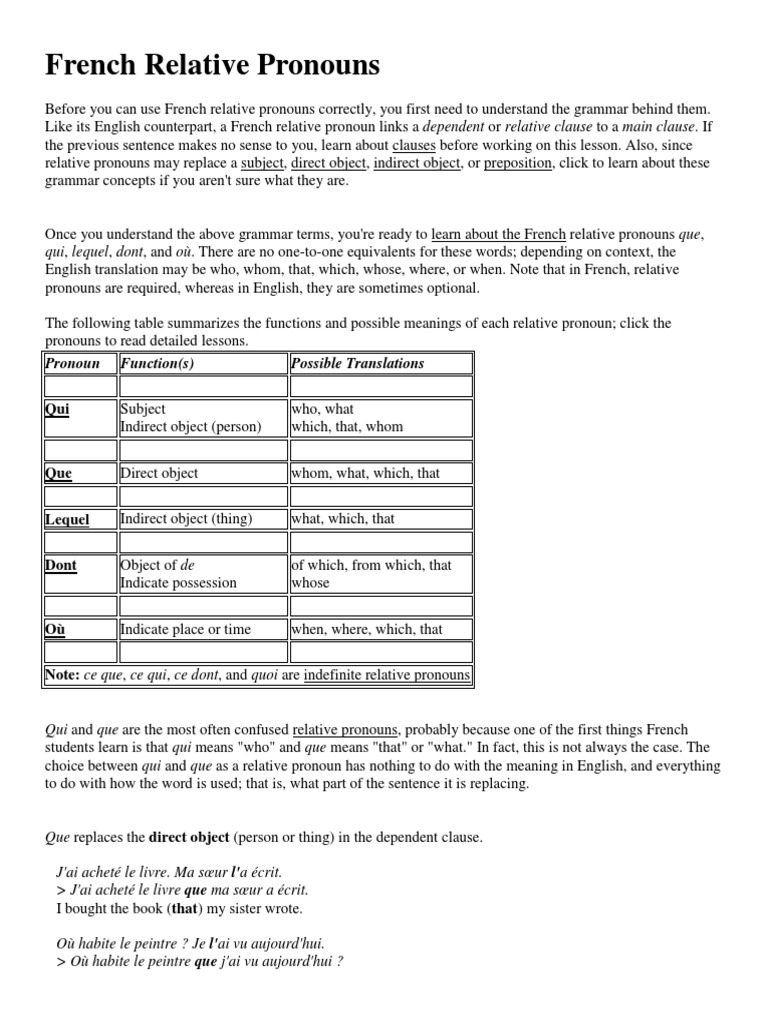 French Relative Pronouns | PDF | Pronoun | Grammar