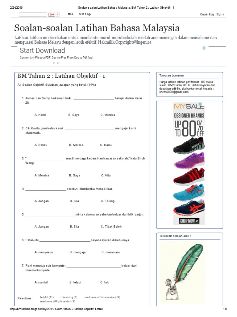 Soalan-Soalan Latihan Bahasa Malaysia - BM Tahun 2 - Latihan Objektif - 1 | PDF